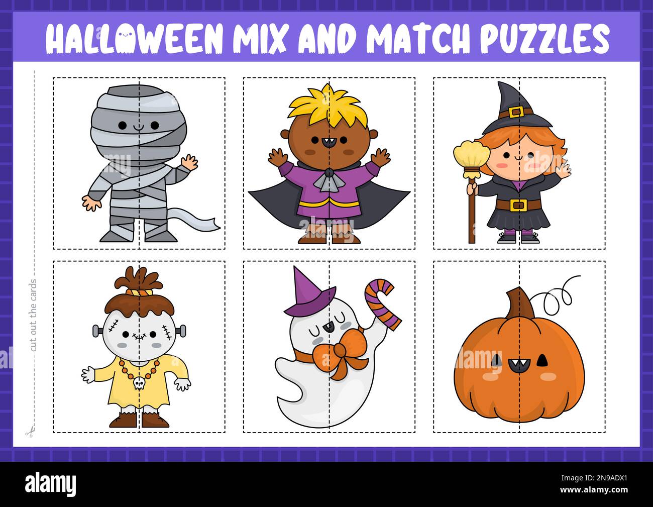 Vector Halloween mix and match puzzle with cute kawaii characters ...