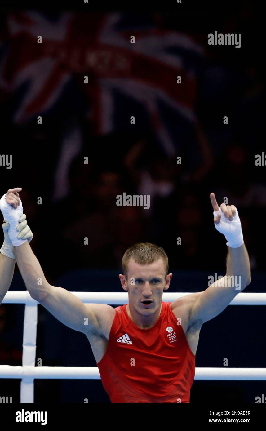 Thomas Stalker of Great Britain, reacts after winning his fight against ...