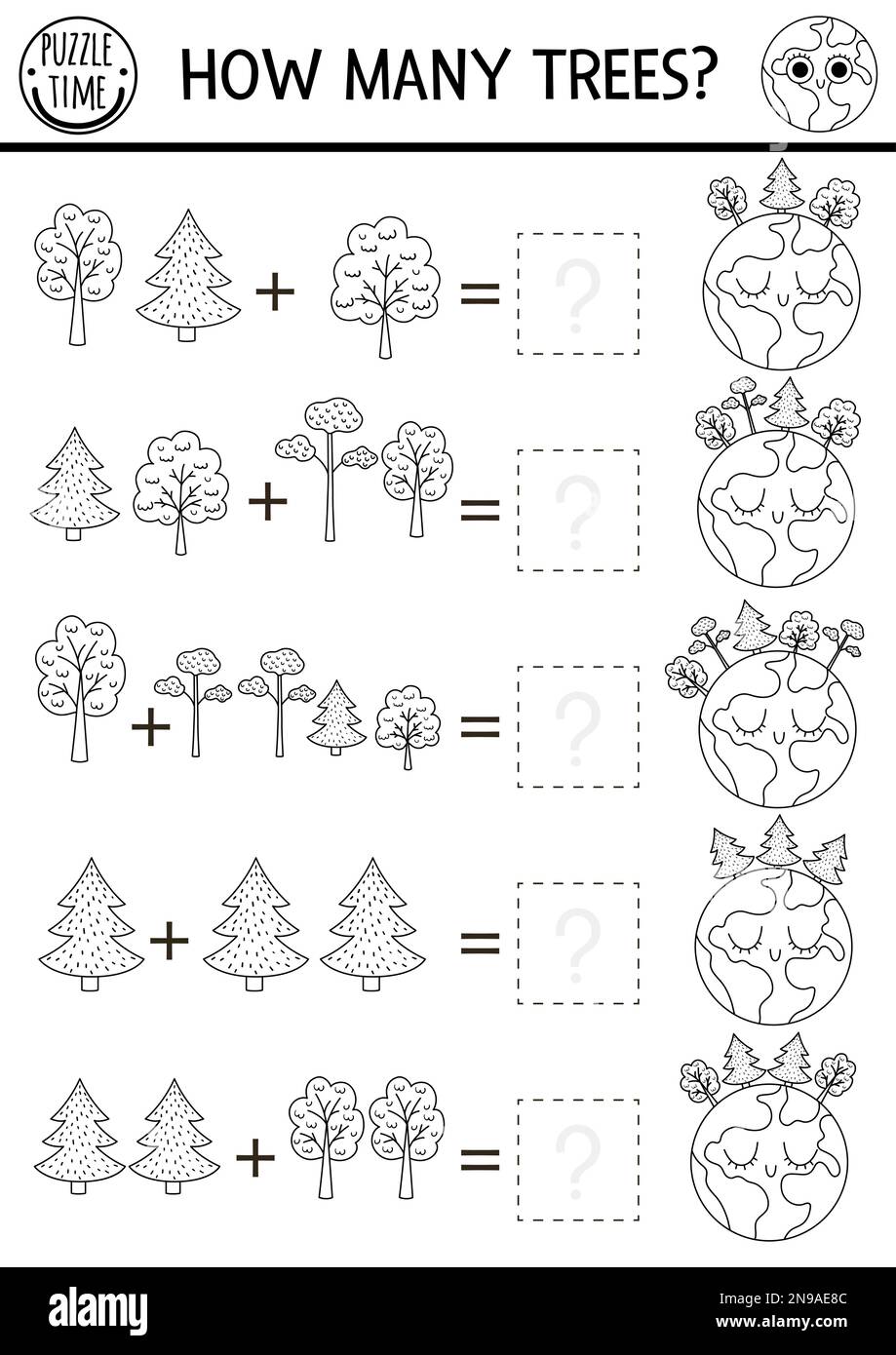 How many trees black and white game with cute planet. Ecological math ...