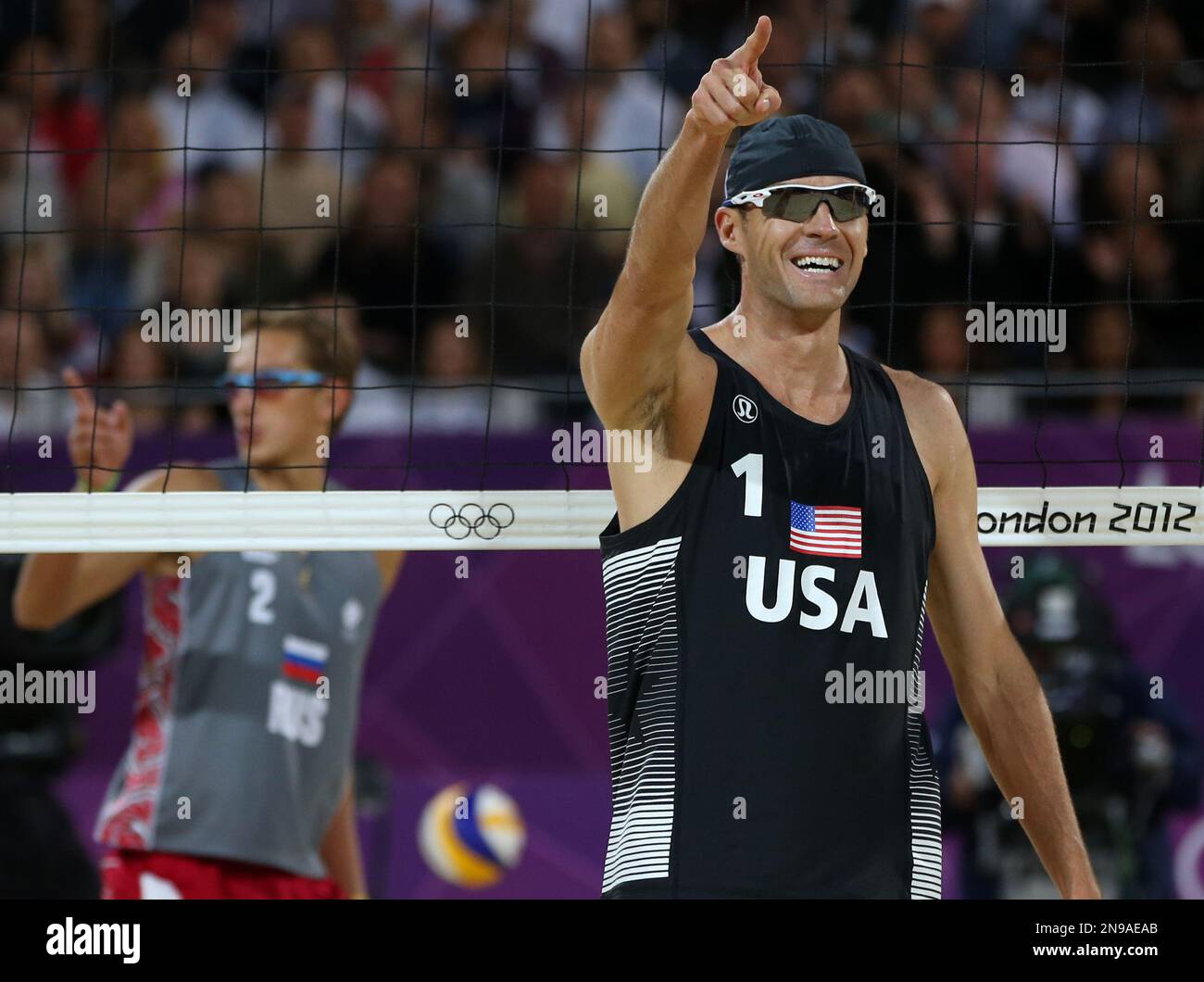 Jake Gibb of US reacts during the Beach Volleyball match against Russia ...