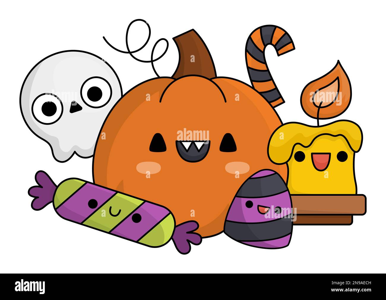 Vector kawaii pumpkin with sweets, skull and candle. Halloween scene ...