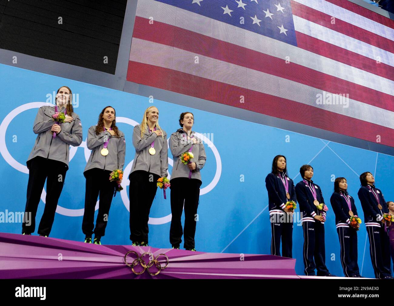 United States' women's 4 x 100-meter medley relay team members from ...