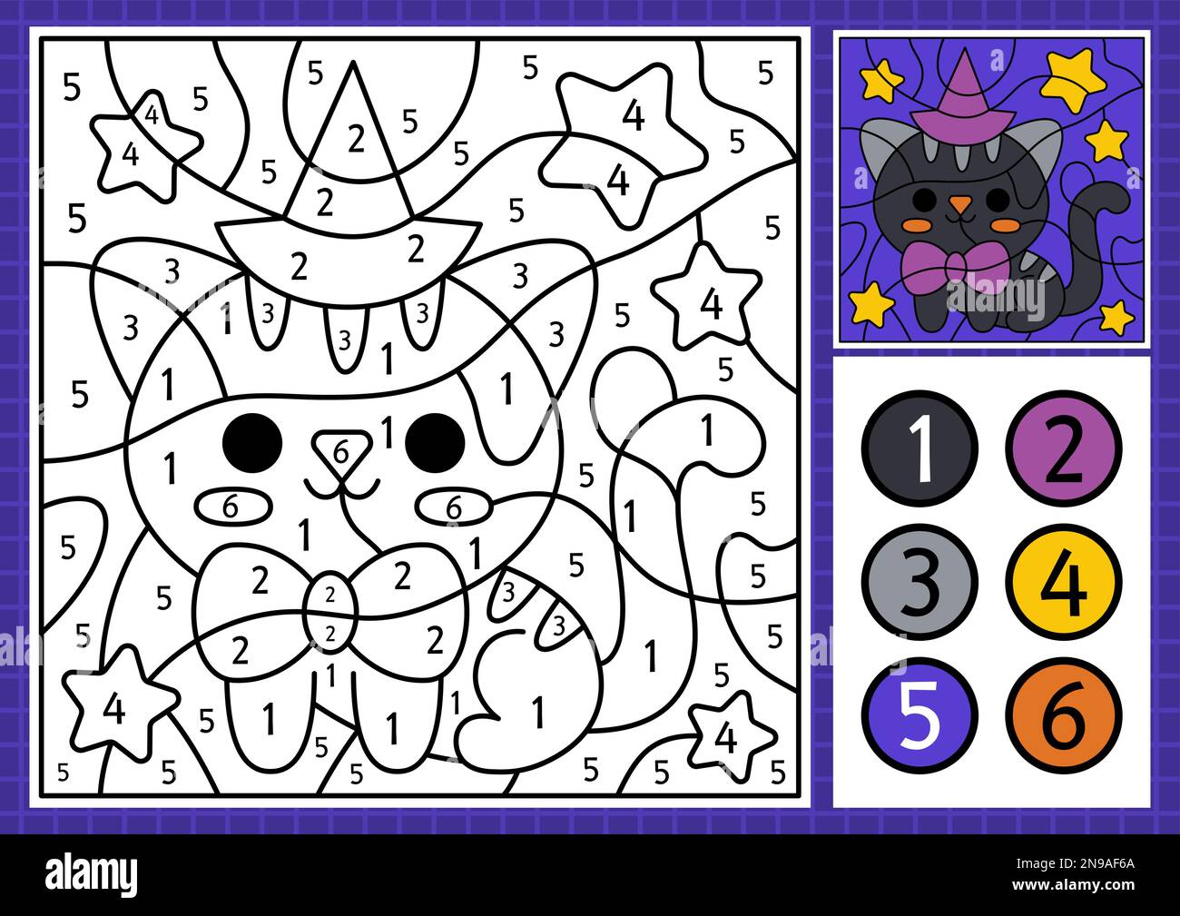 Vector Halloween color by number activity with cute kawaii cat. Autumn ...