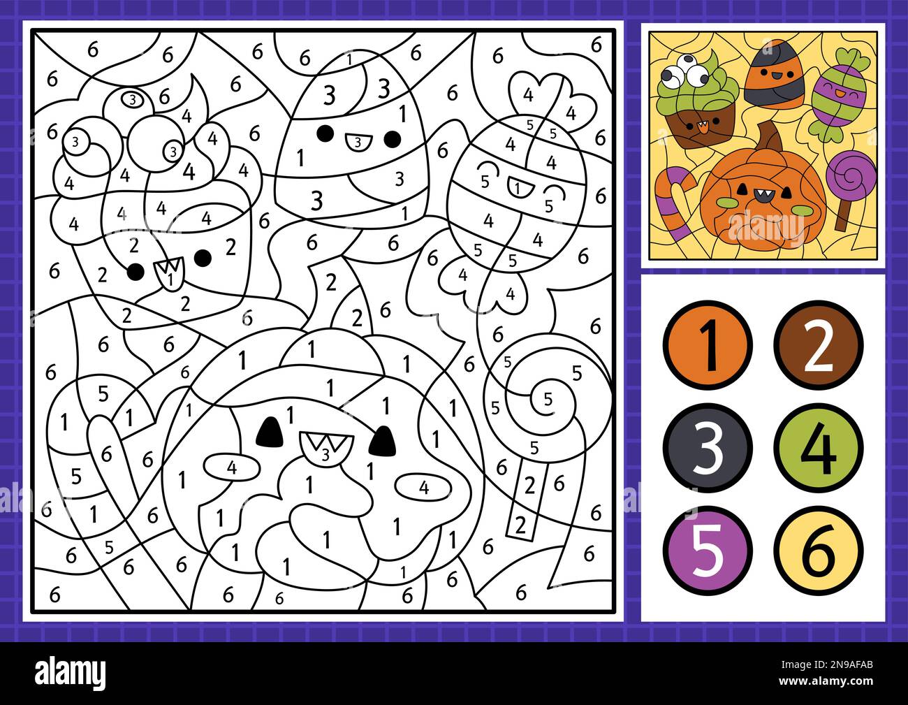 Vector Halloween color by number activity with cute kawaii sweets ...