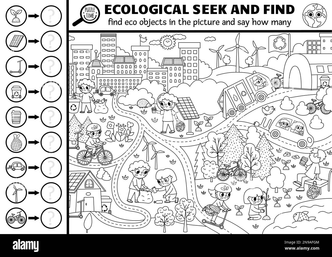 Vector black and white ecological searching game with eco city ...