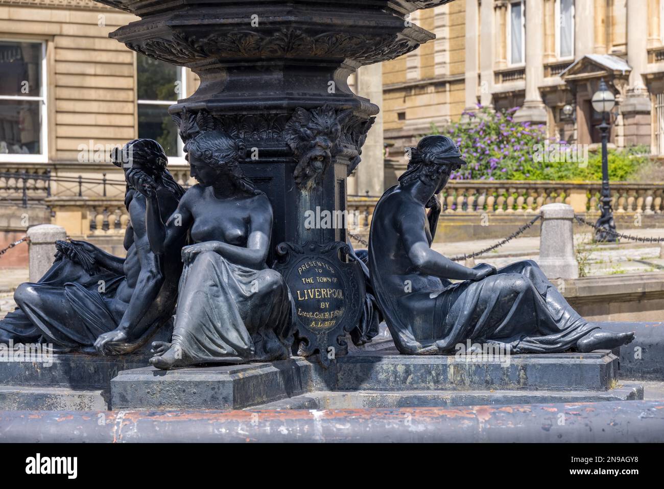 LIVERPOOL, UK - JULY 14 : Steble Fountain in William Brown street ...