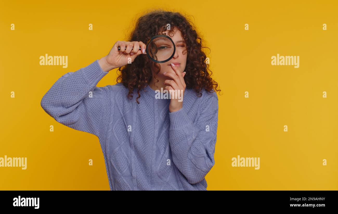 Investigator researcher scientist woman holding magnifying glass near ...