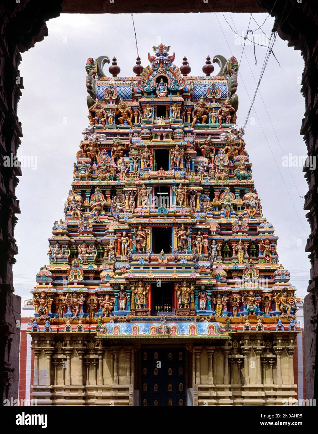 Sri Meenakshi Amman temple, a small tower view from west entrance in ...
