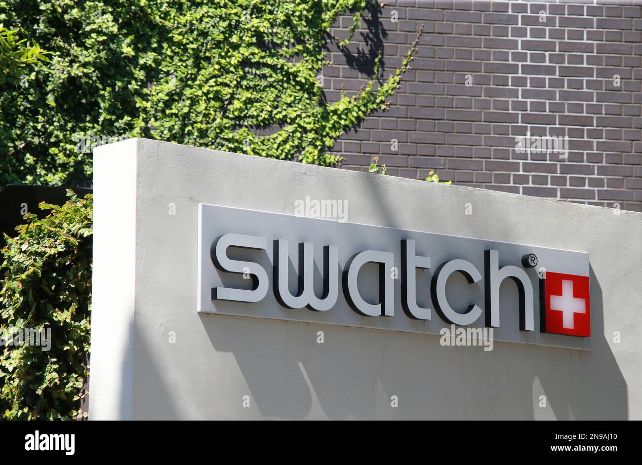 The logo of Swatch is seen in Shibuya Ward, Tokyo on May 29, 2022 ...