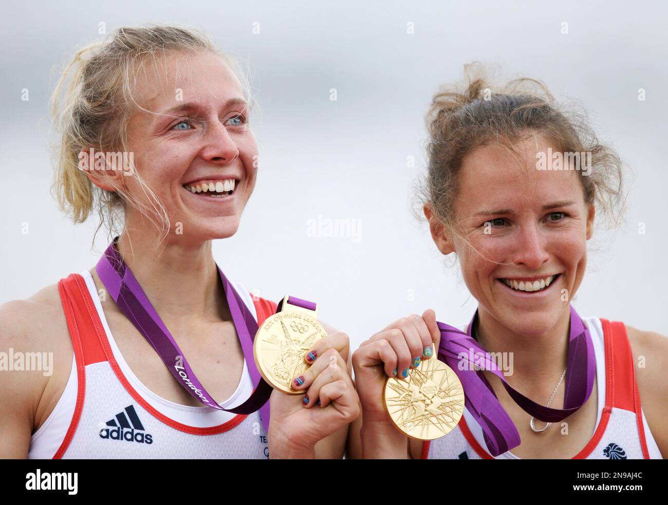 Great Britain's Katherine Copeland, left, and Sophie Hosking show their ...
