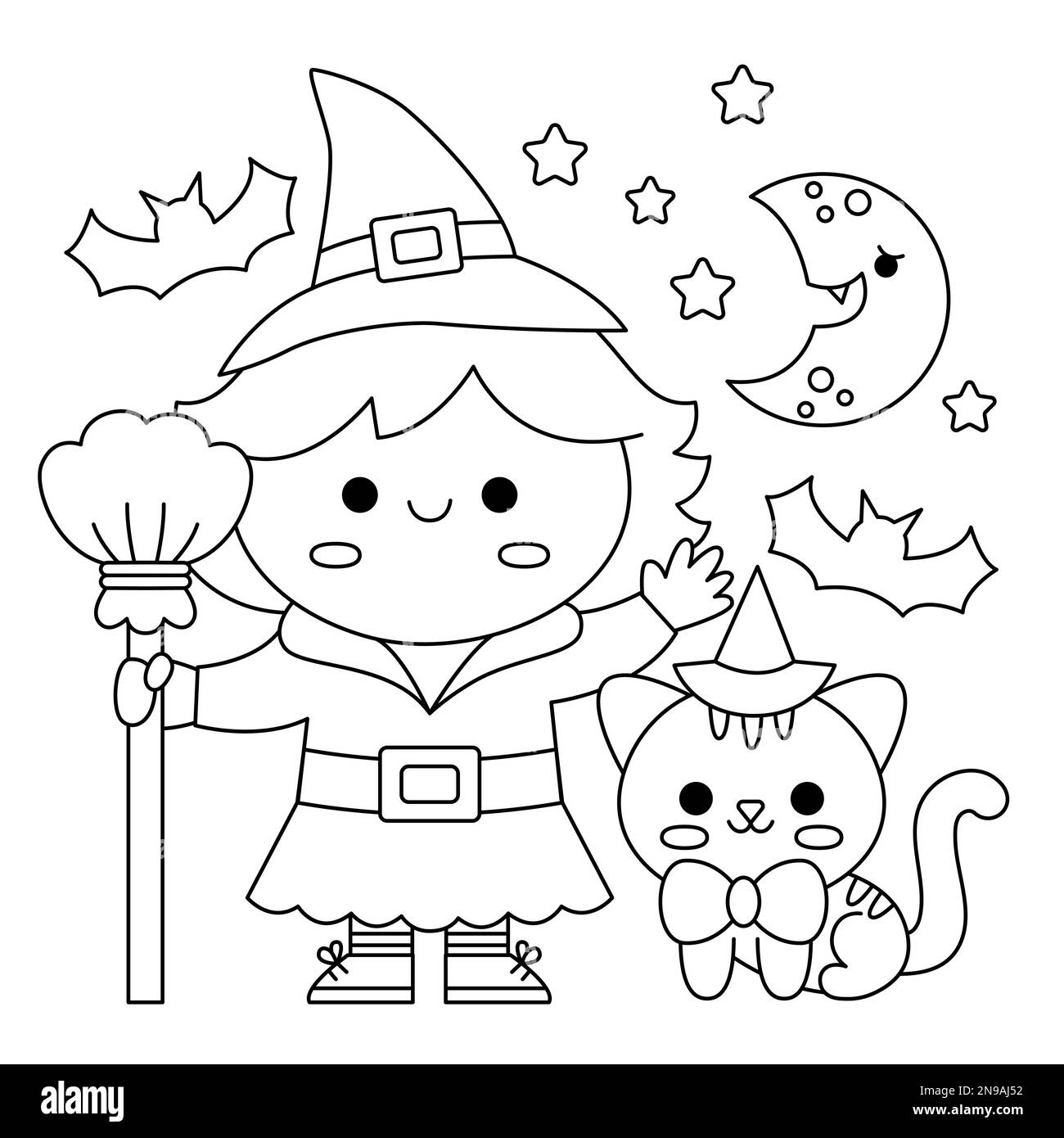 Vector black and white kawaii witch standing with broom and black cat ...