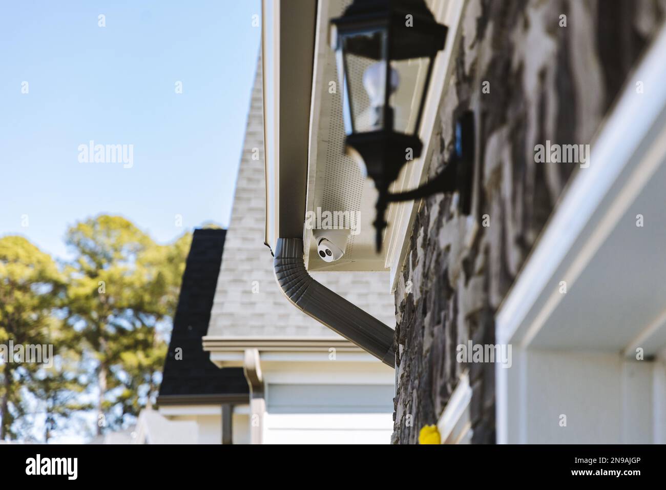 Black street lamp on suburban house rooftop view night scene Stock ...