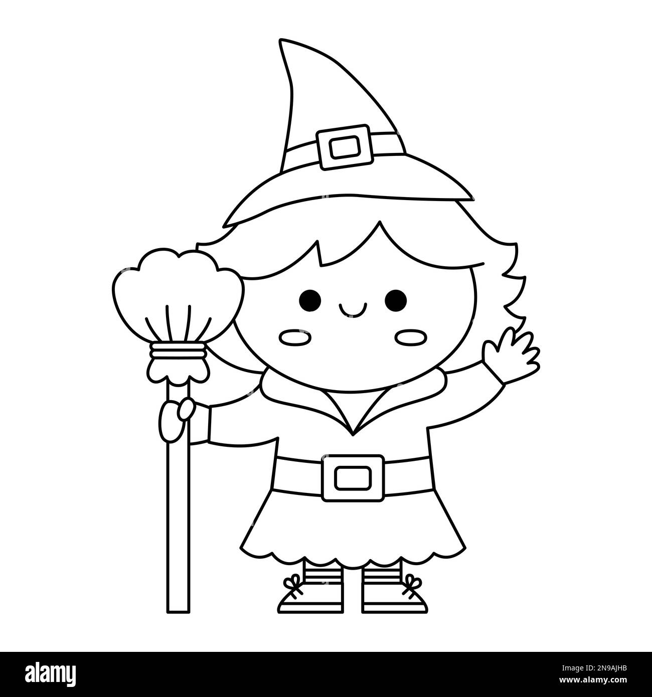Vector black and white kawaii witch. Cute smiling Halloween line ...