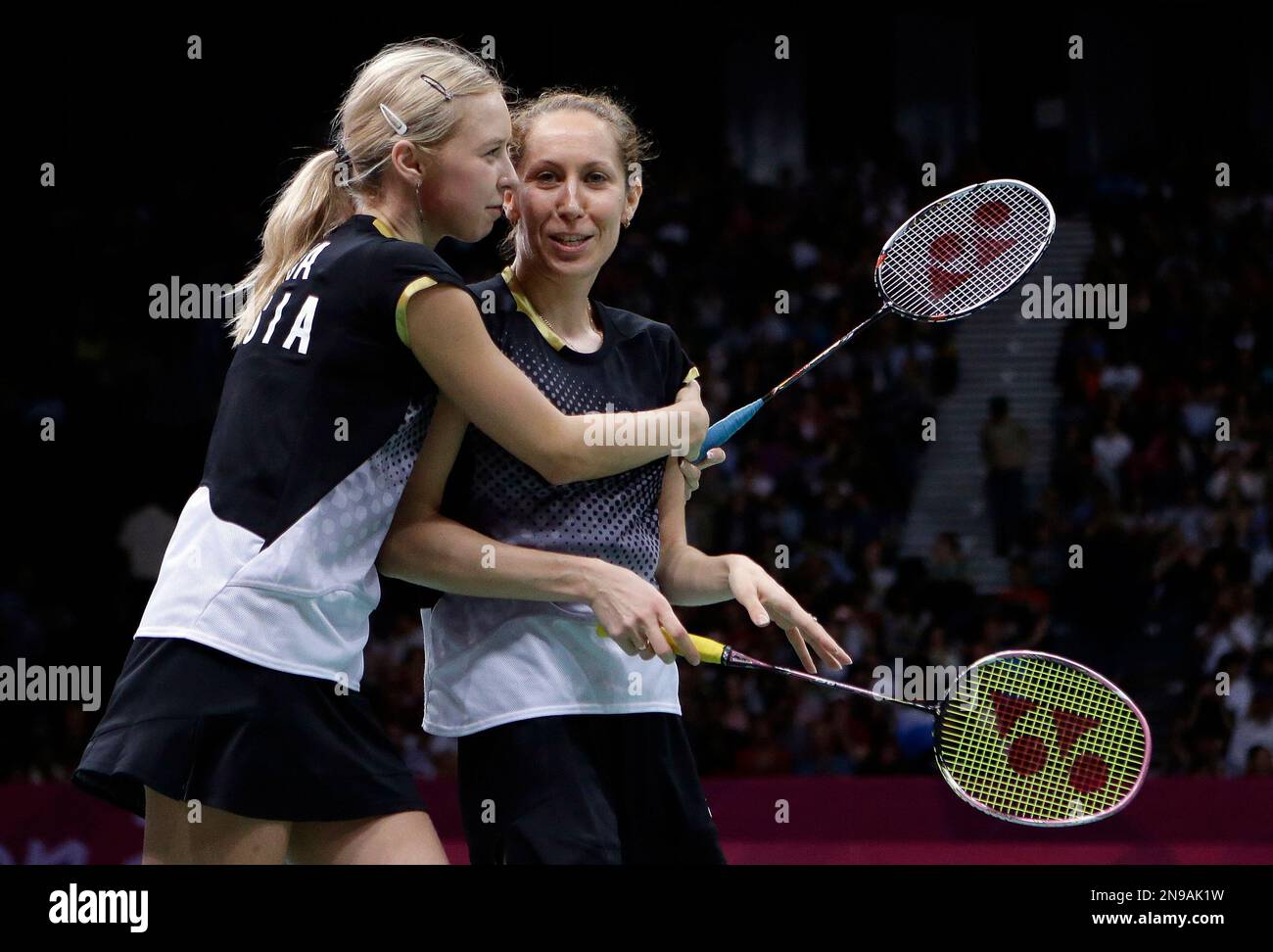 Russia's Valeria Sorokina, right, and Nina Vislova celebrate after ...