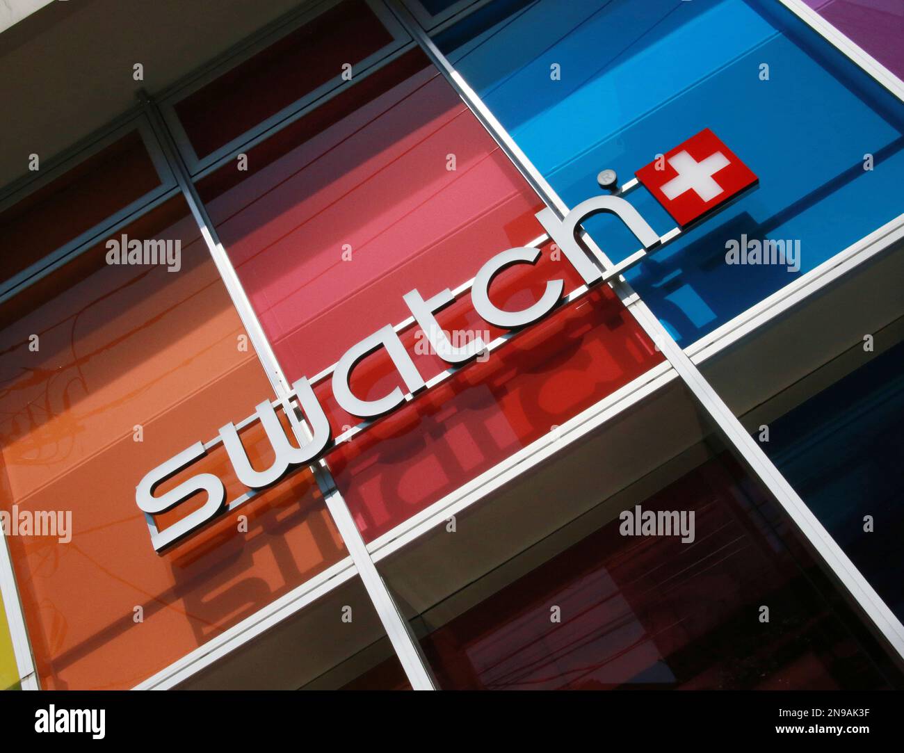 The logo of Swatch is seen in Shibuya Ward, Tokyo on May 29, 2022 ...