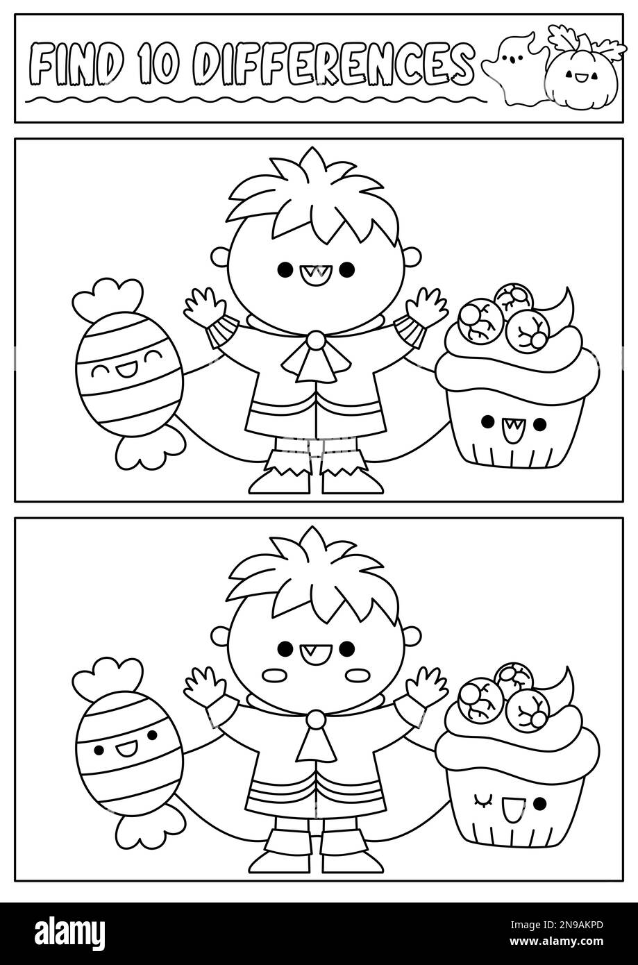Halloween black and white find differences game for children. Attention ...