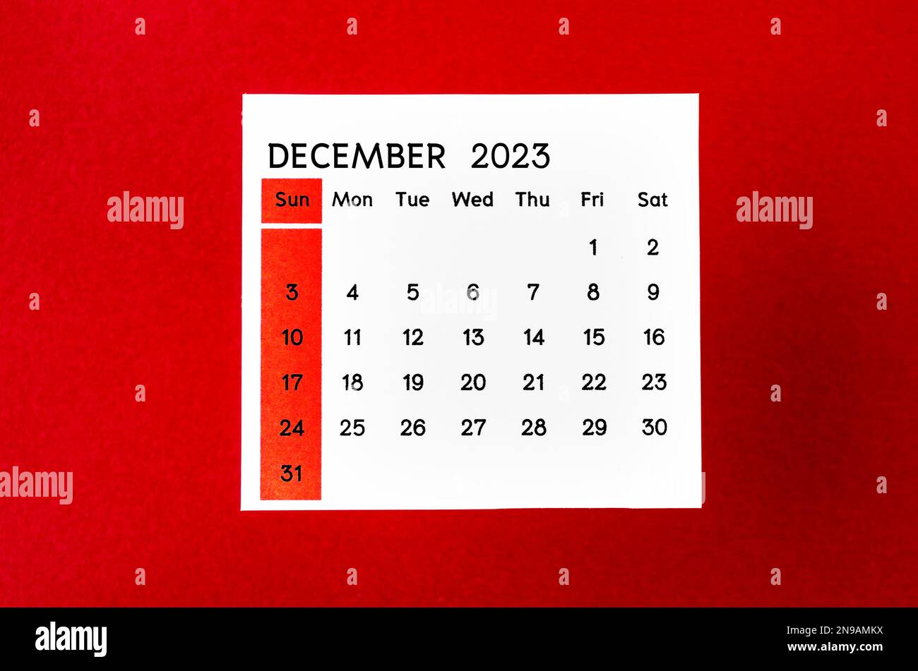 December 2023 Monthly calendar for 2023 year on red background Stock ...