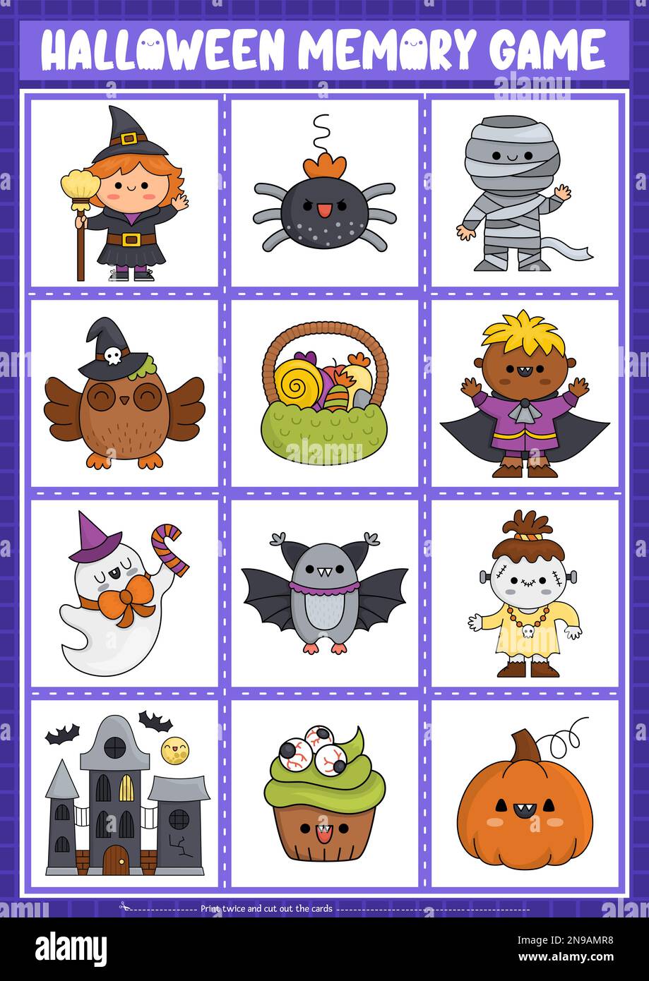 Vector Halloween kawaii memory game cards with cute traditional holiday ...