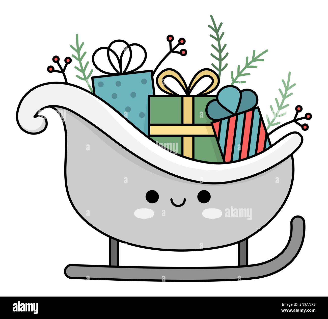 Vector colored kawaii sledge with Christmas presents, twigs. Cute ...