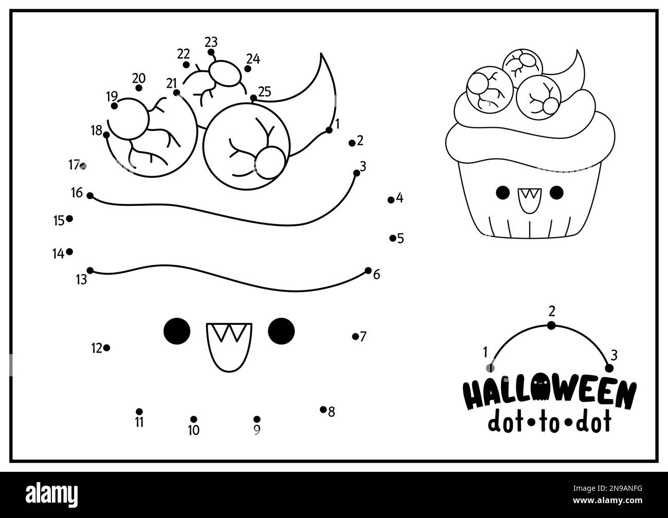 Vector Halloween dot-to-dot and color activity with cute kawaii cupcake ...
