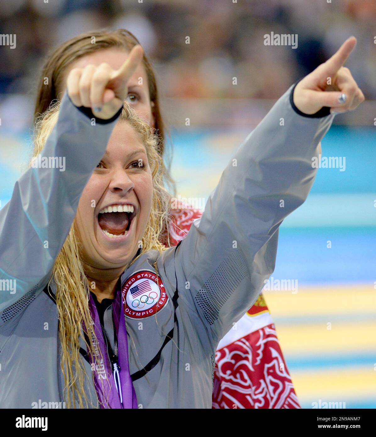 United States' Elizabeth Beisel gestures after receiving the bronze ...