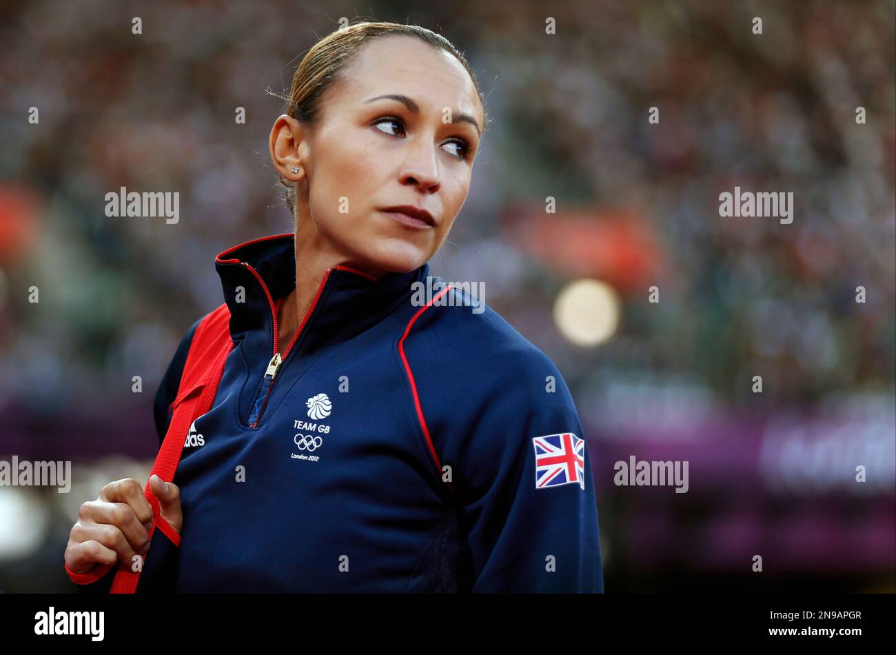 Britain's Jessica Ennis looks up after competing in the shot put of the ...
