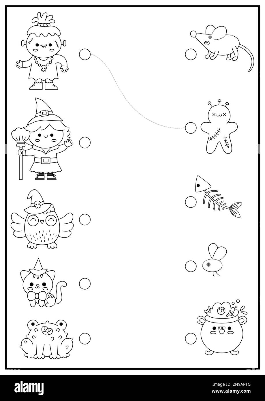Halloween black and white matching activity with cute kawaii witch, owl ...