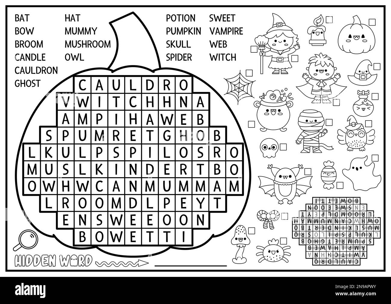 Vector black and white Halloween pumpkin shaped word search puzzle for ...