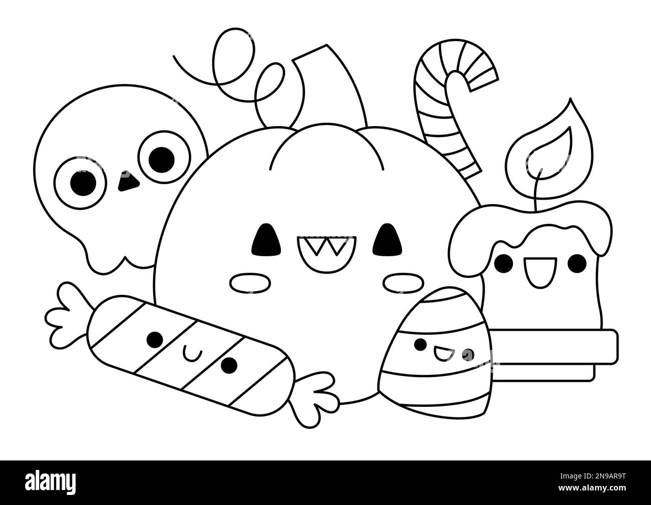 Vector black and white kawaii pumpkin with sweets, skull and candle ...
