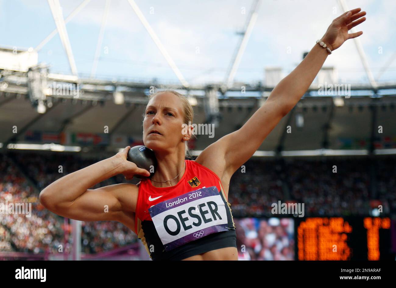 Germany's Jennifer Oeser makes an attempt in the shot put of the women ...
