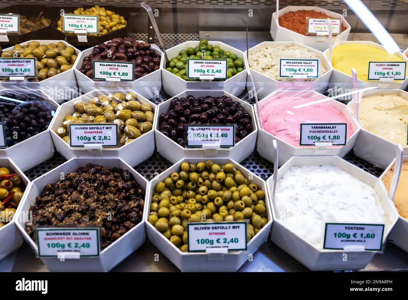 Vienna, Austria - October 14, 2022: Pickle shop with olives and salad ...