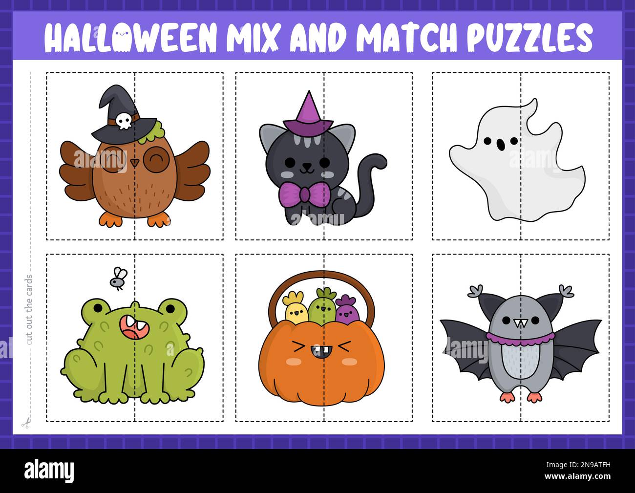Vector Halloween mix and match puzzle with cute kawaii characters ...