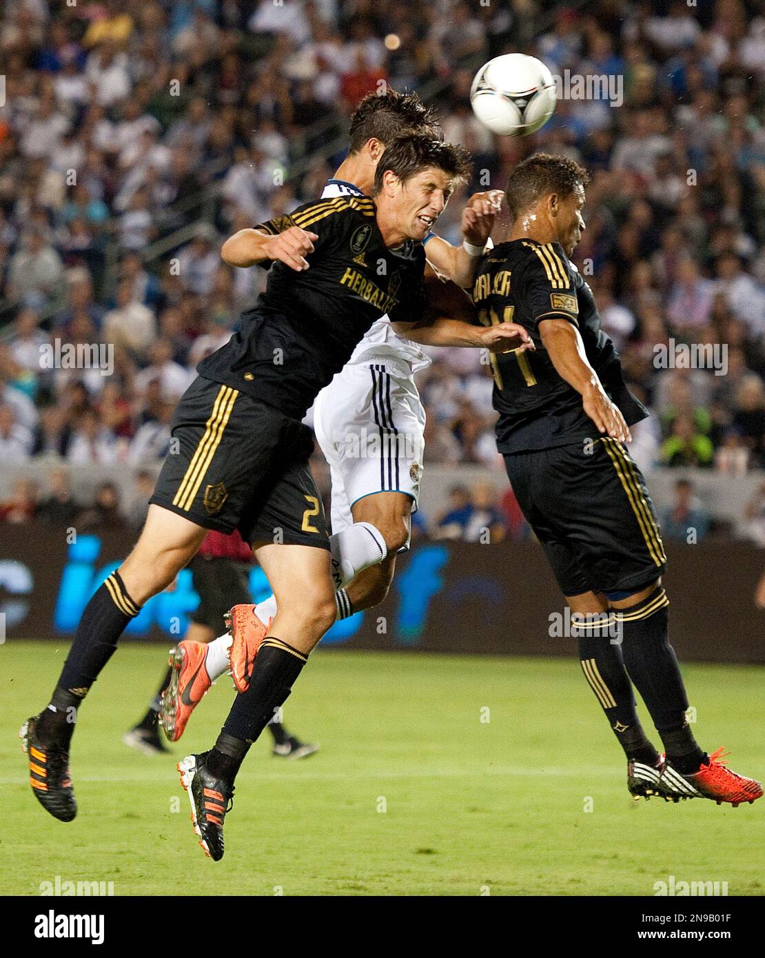 Los Angeles Galaxy's Andrew Boyens heads the ball during the second ...