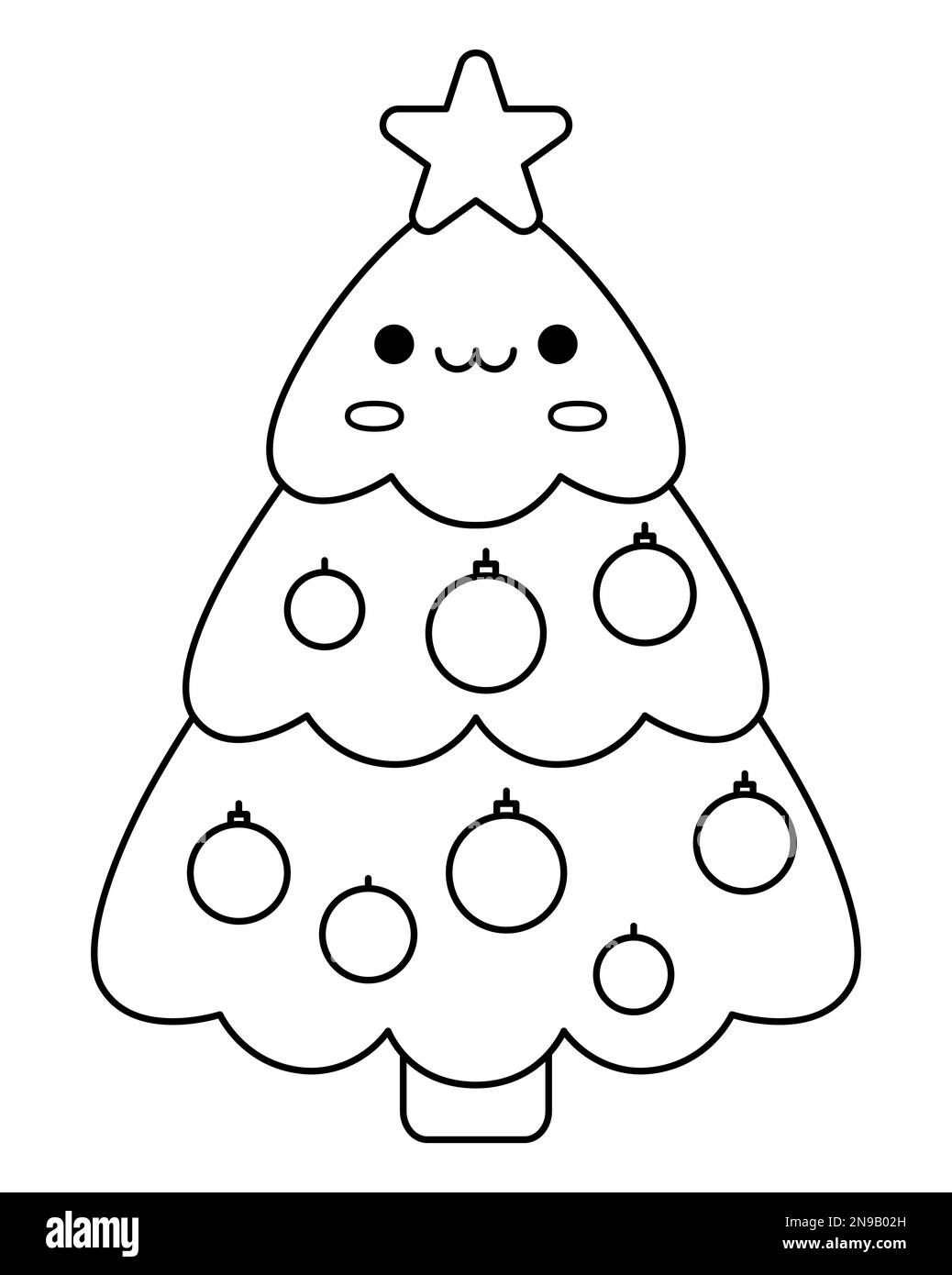 Vector black and white kawaii Christmas tree with star. Cute fir tree ...