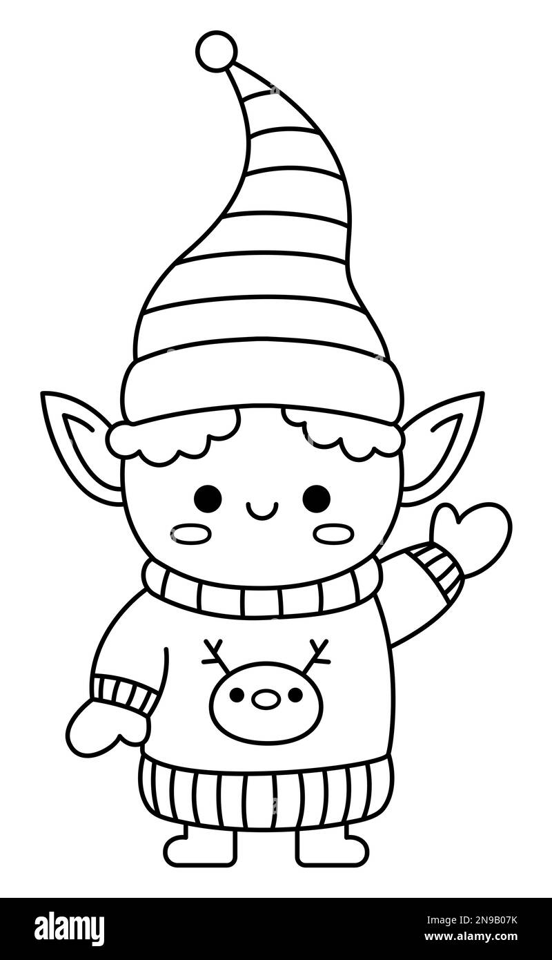 Vector black and white kawaii elf in hat, mittens and sweater. Cute ...