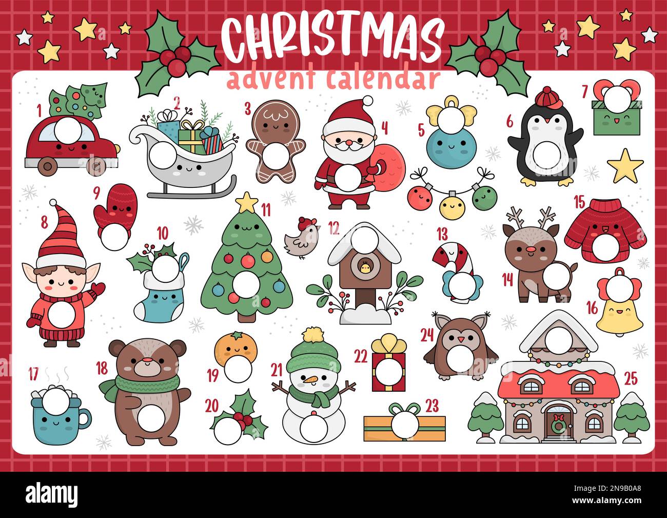 Vector Christmas advent countdown calendar with traditional holiday ...
