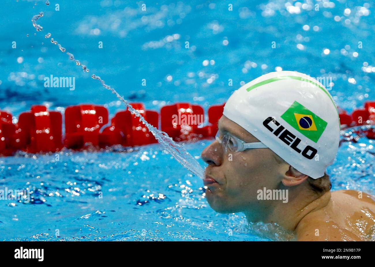Brazil's Cesar Cielo reacts after finishing the men's 50-meter ...