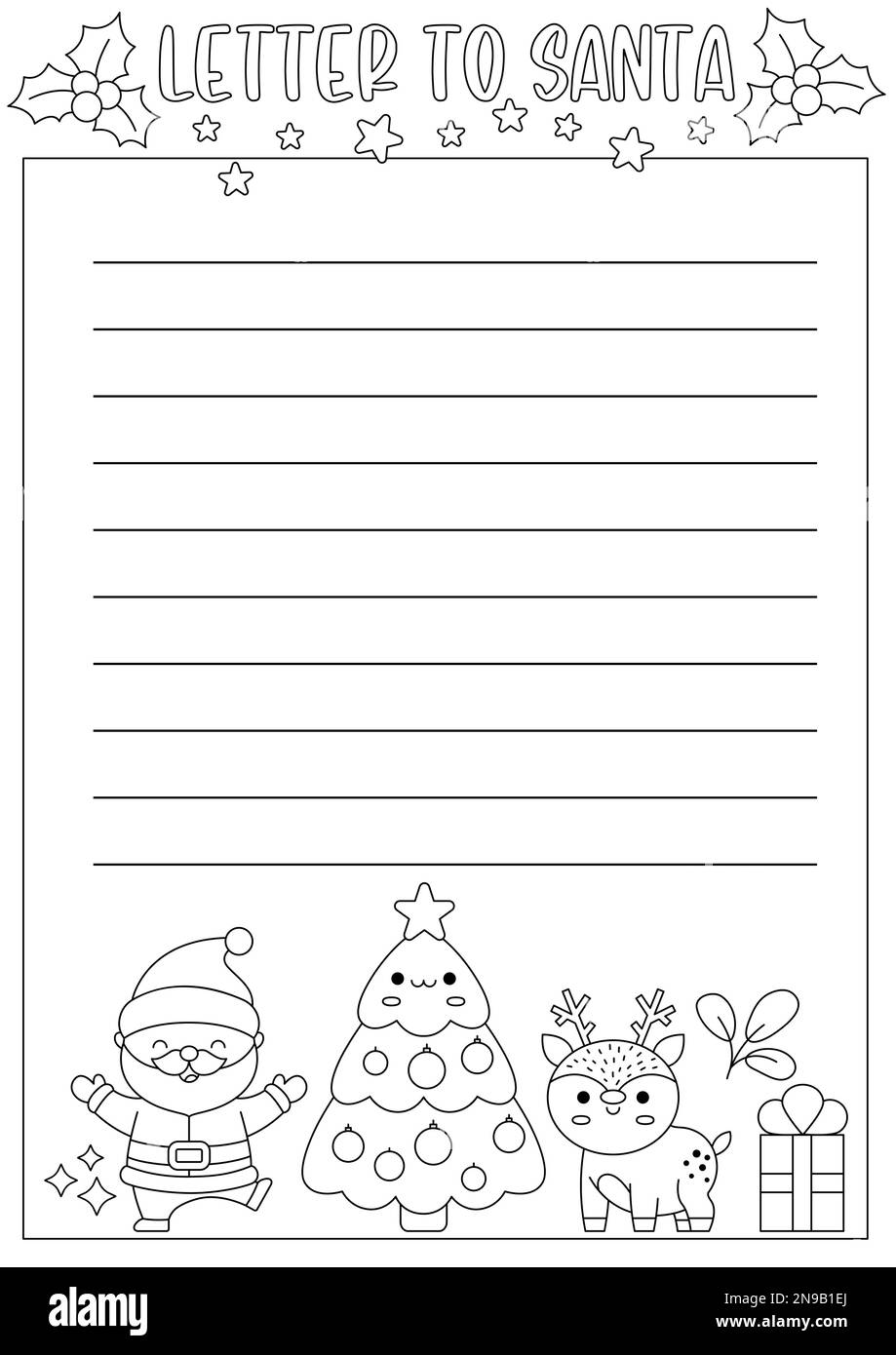 Vector black and white letter to Santa Claus template. Cute line kawaii ...
