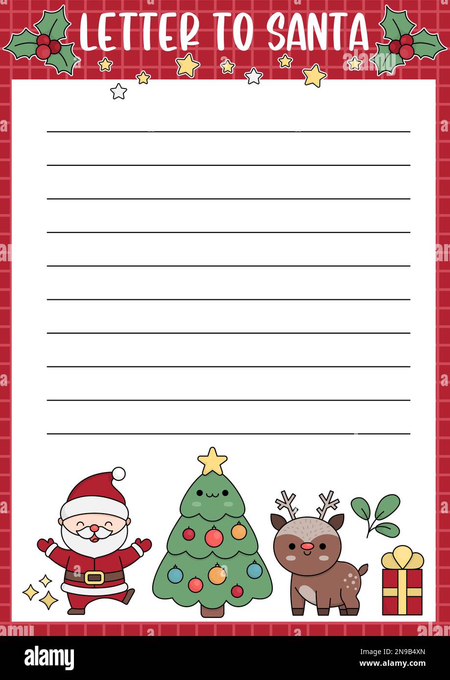 Vector letter to Santa Claus template. Cute kawaii Christmas card ...