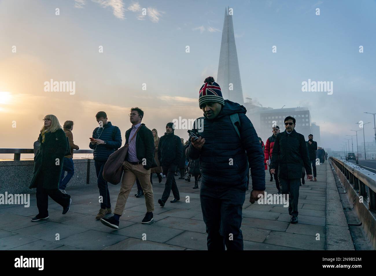 London bridge & the Shard in the mist in central London as a cold ...