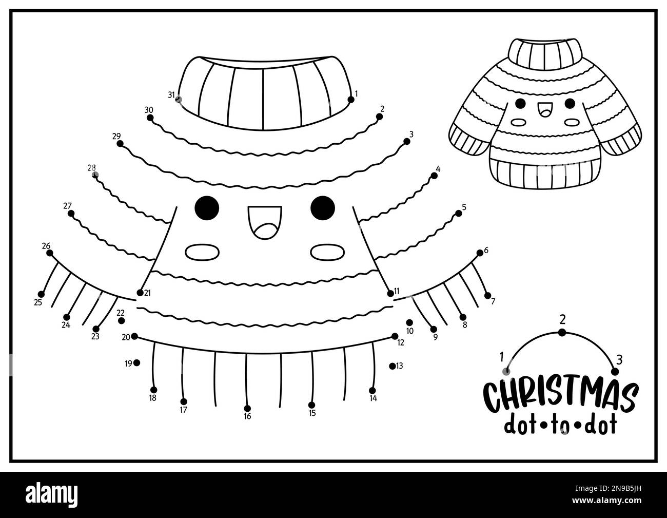 Vector Christmas dot-to-dot and color activity with cute kawaii sweater ...