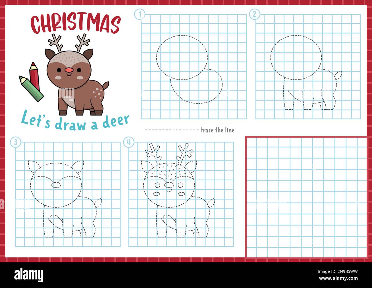 Christmas step by step drawing worksheet. How to draw a deer. Complete ...