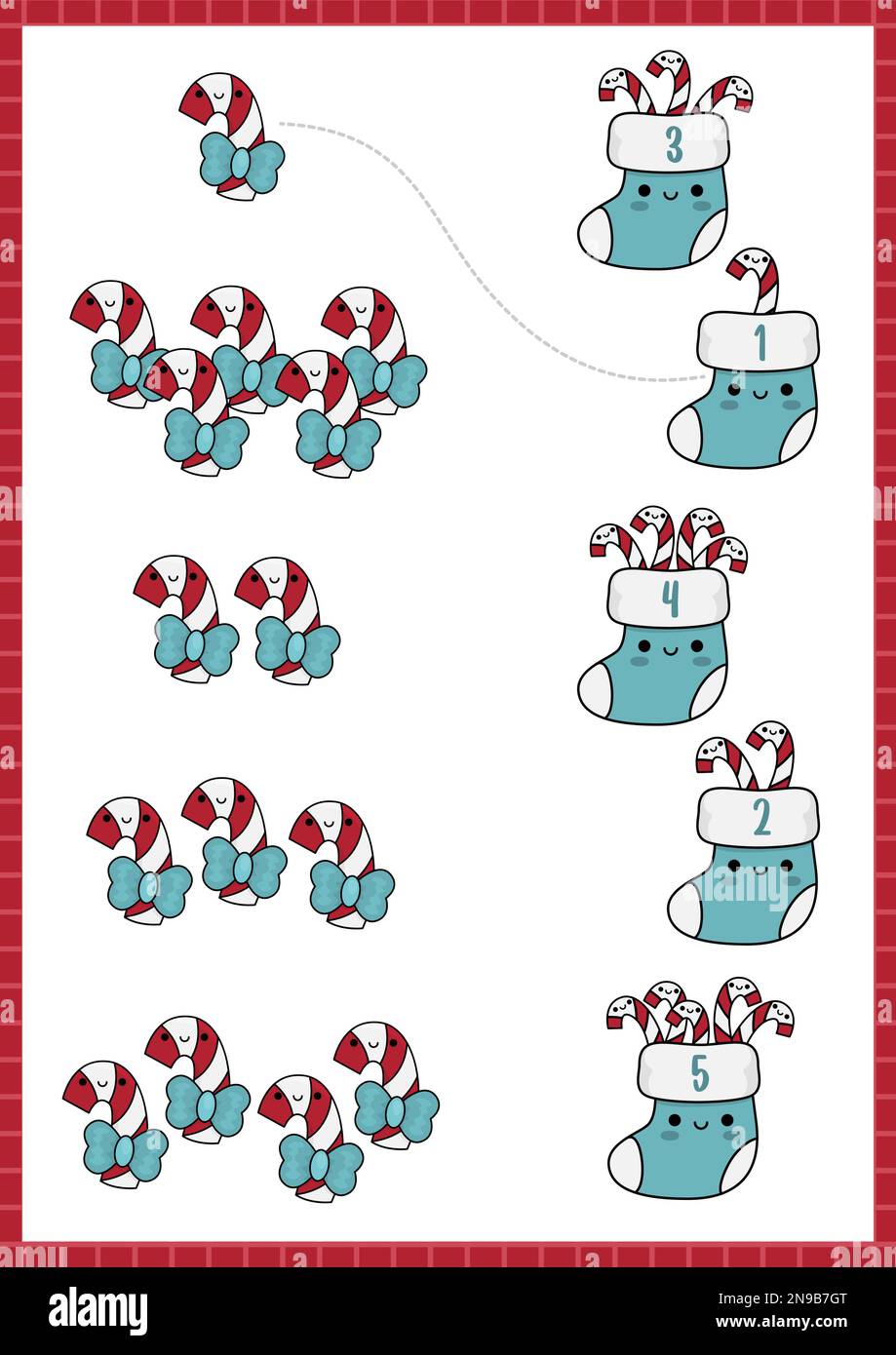 Christmas matching game with cute kawaii stocking, candy canes. Winter ...