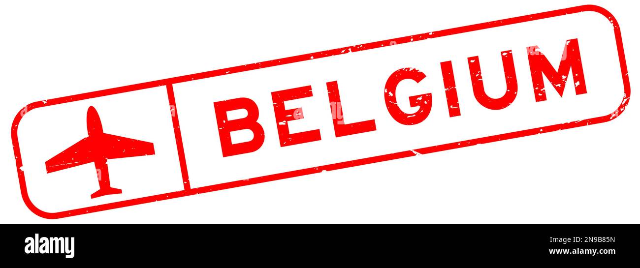 Grunge red belgium word with plane icon square rubber seal stamp on ...