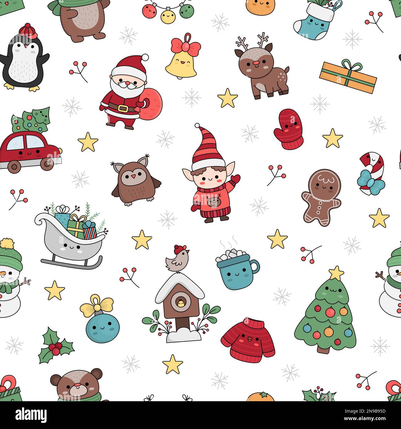 Vector Christmas seamless pattern with kawaii Santa Claus, elf, sleigh ...
