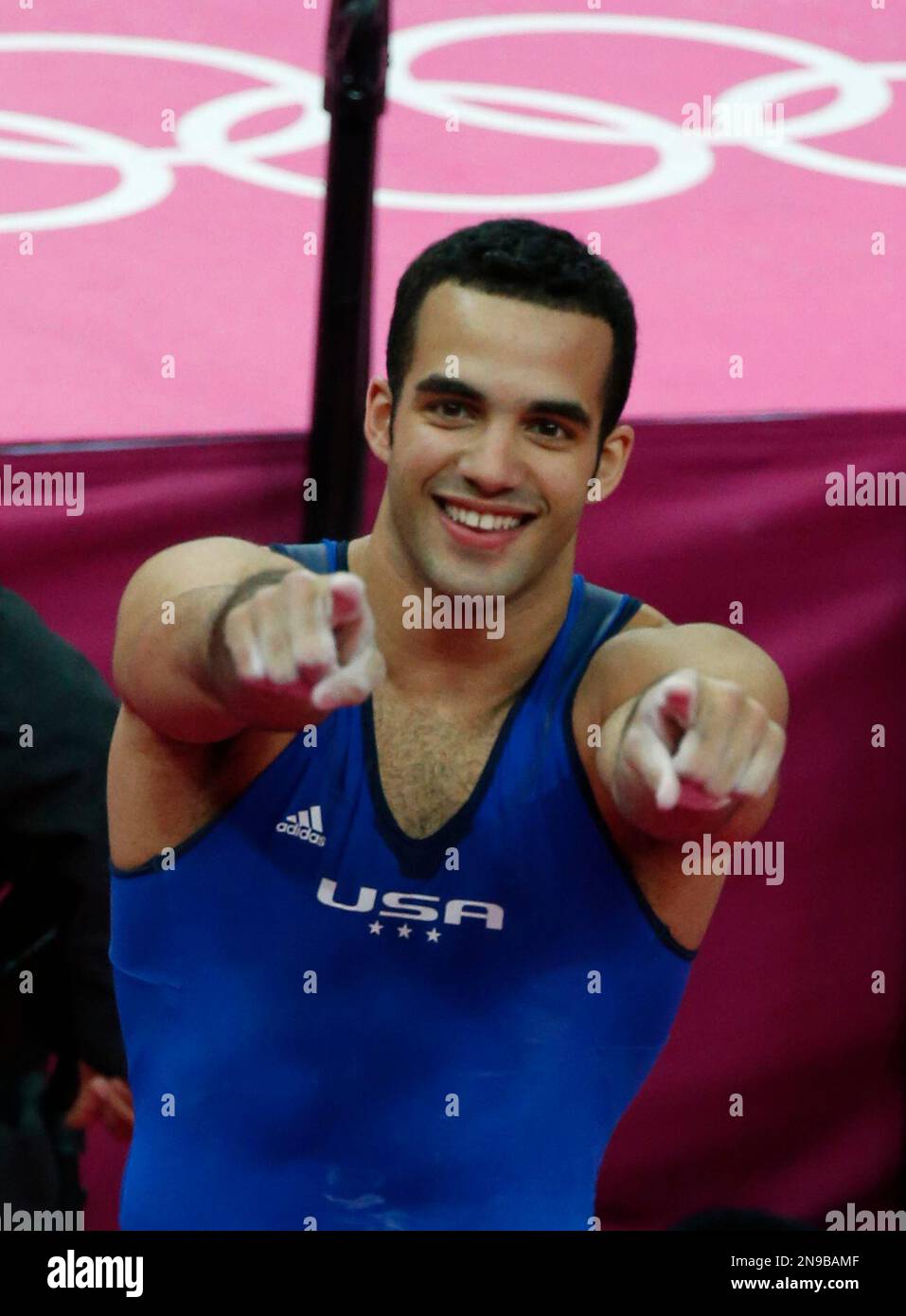 U.S. gymnast Danell Leyva celebrates winning the bronze medal during ...