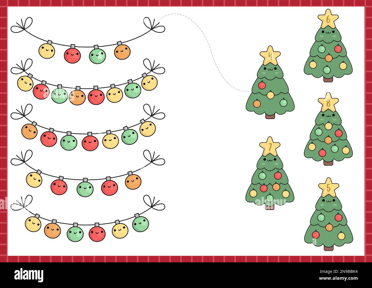 Christmas matching game with cute kawaii fir tree, colored balls ...