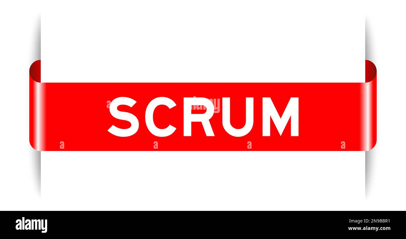 Red color inserted label banner with word scrum on white background ...