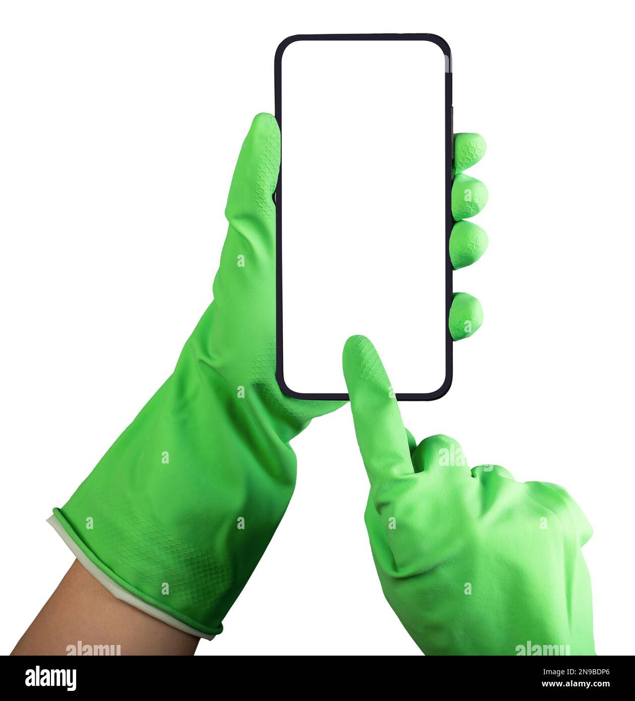 Hand in cleaning gloves with mobile phone screen mockup, smartphone ...