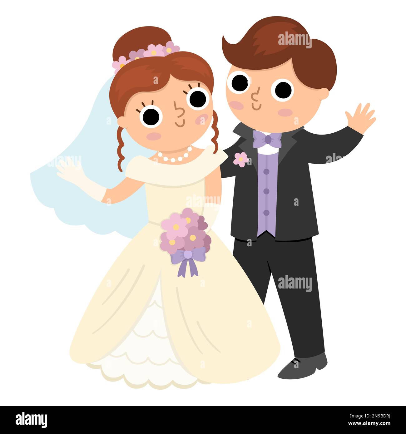 Vector illustration with bride and groom waving hands. Cute just ...